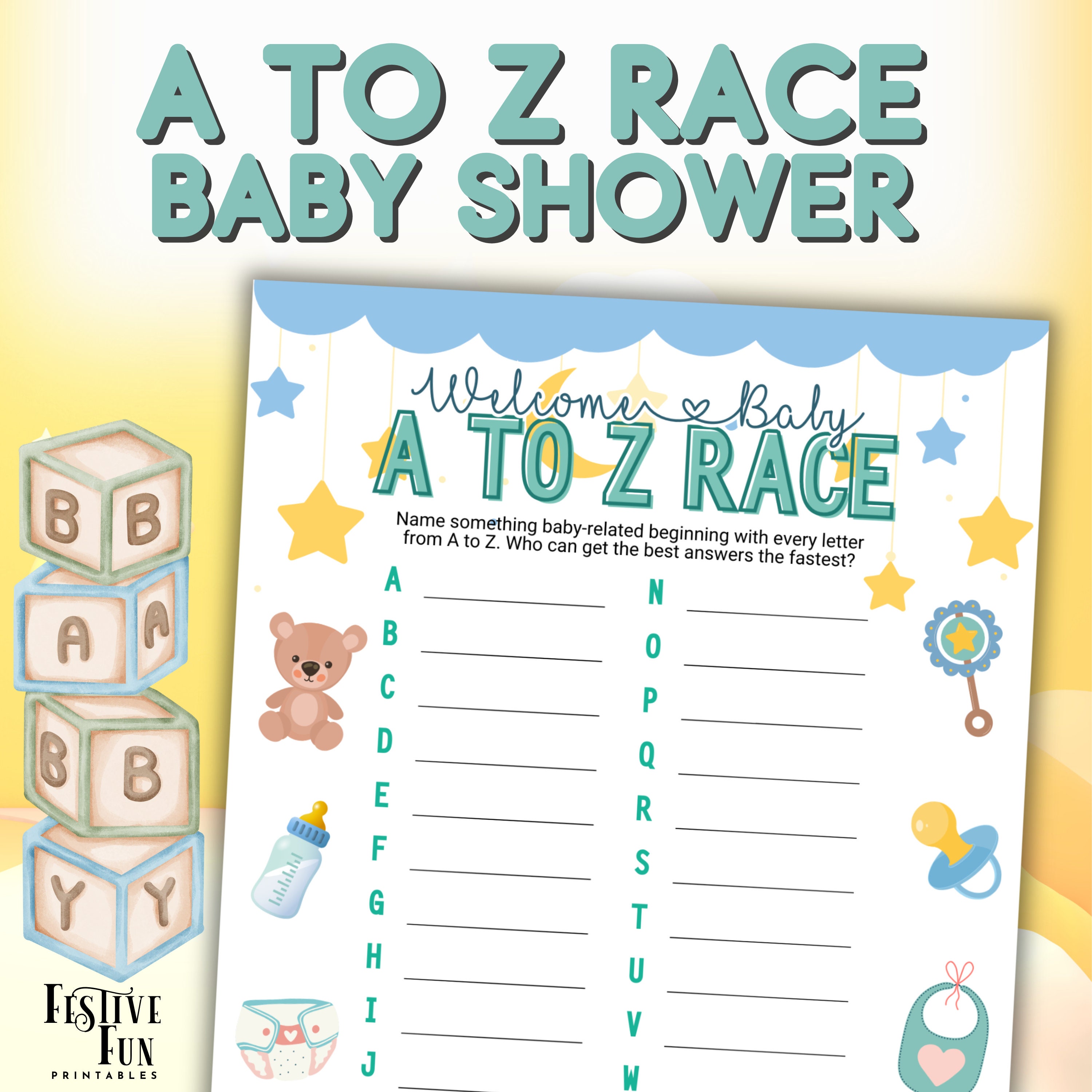 Baby Shower A to Z Race Printable Game, Gender Reveal Party Trivia ...