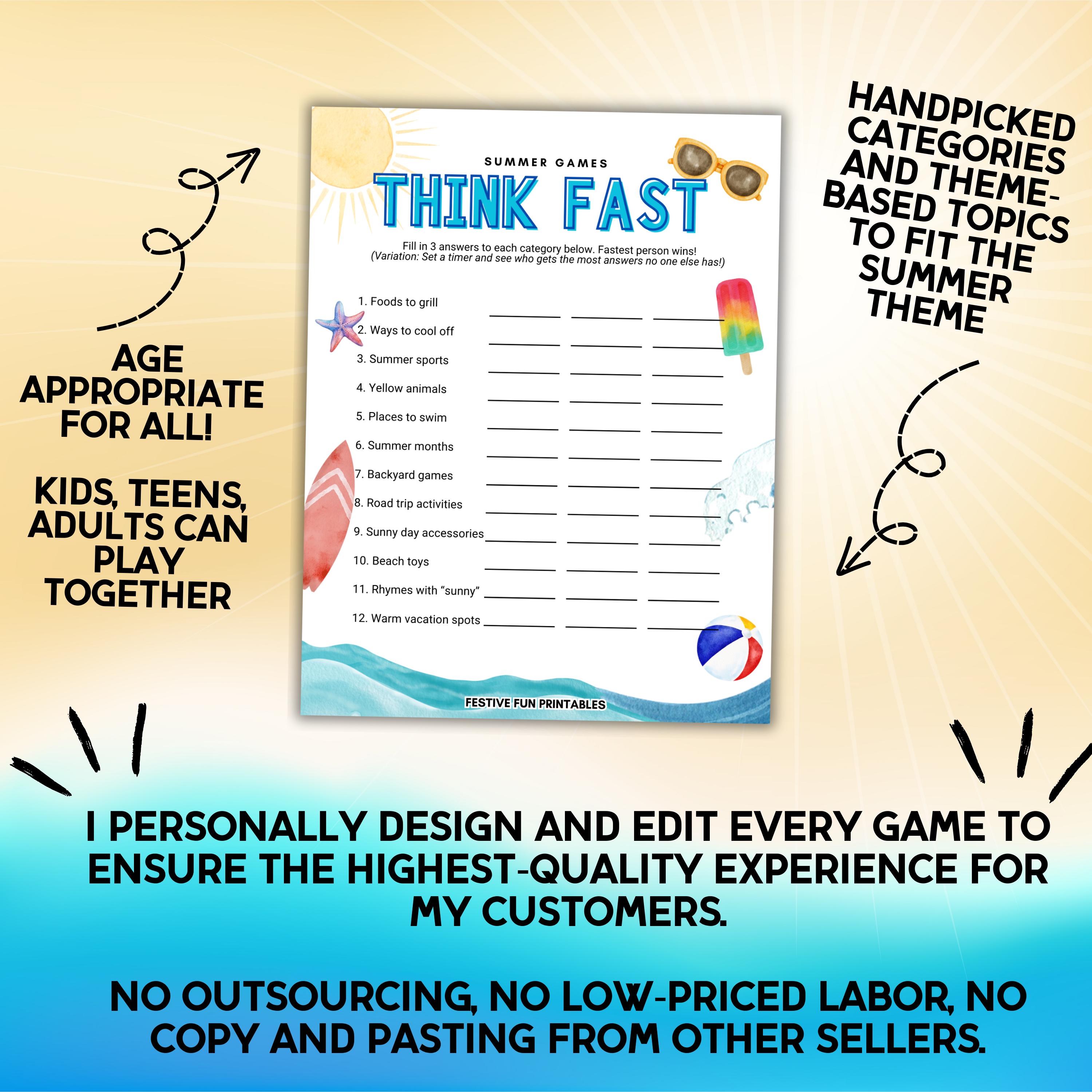Summer Think Fast Categories Game, BBQ Pool Party Digital Printable ...