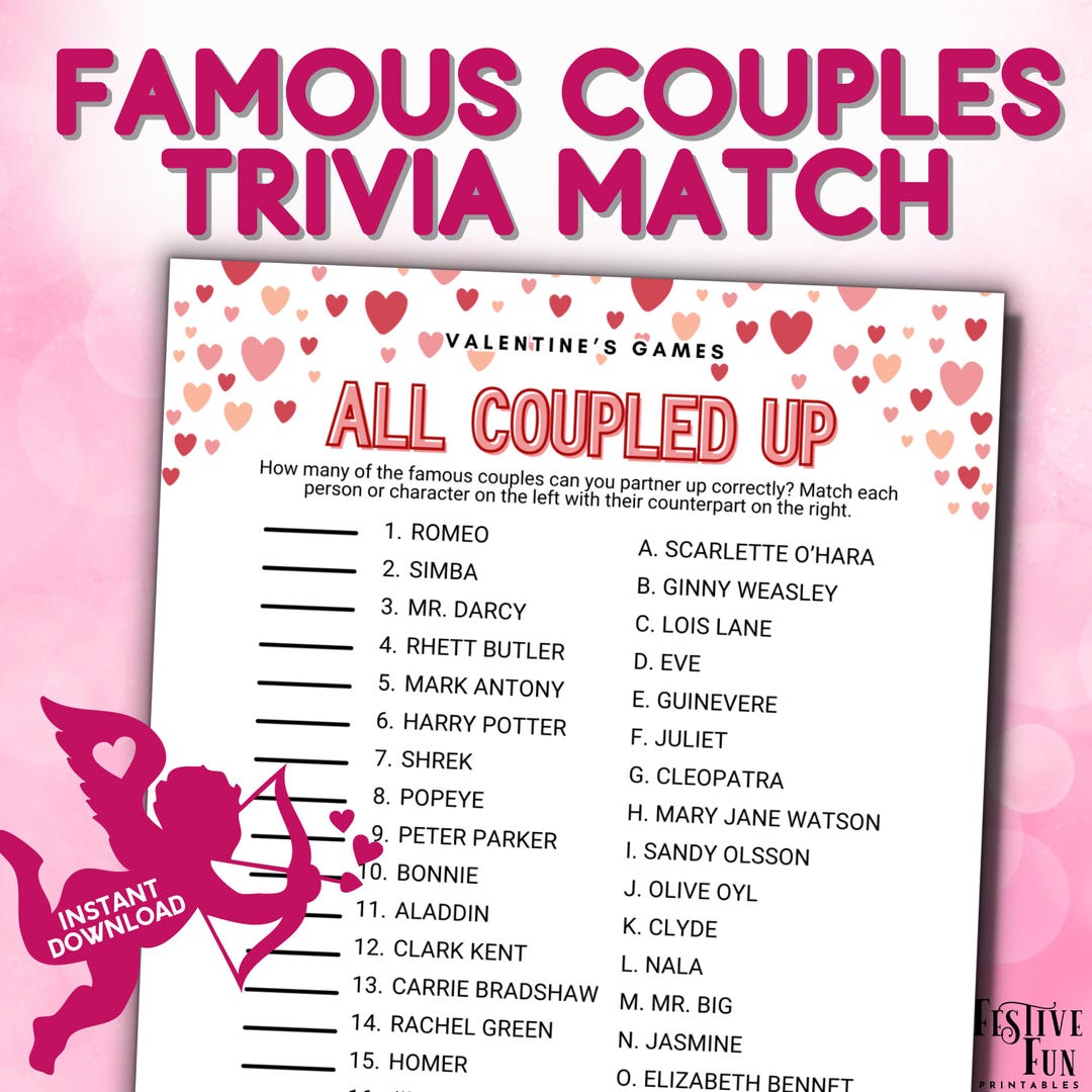 Fictional Couples Match-up Trivia, Famous Characters in Love Valentine ...