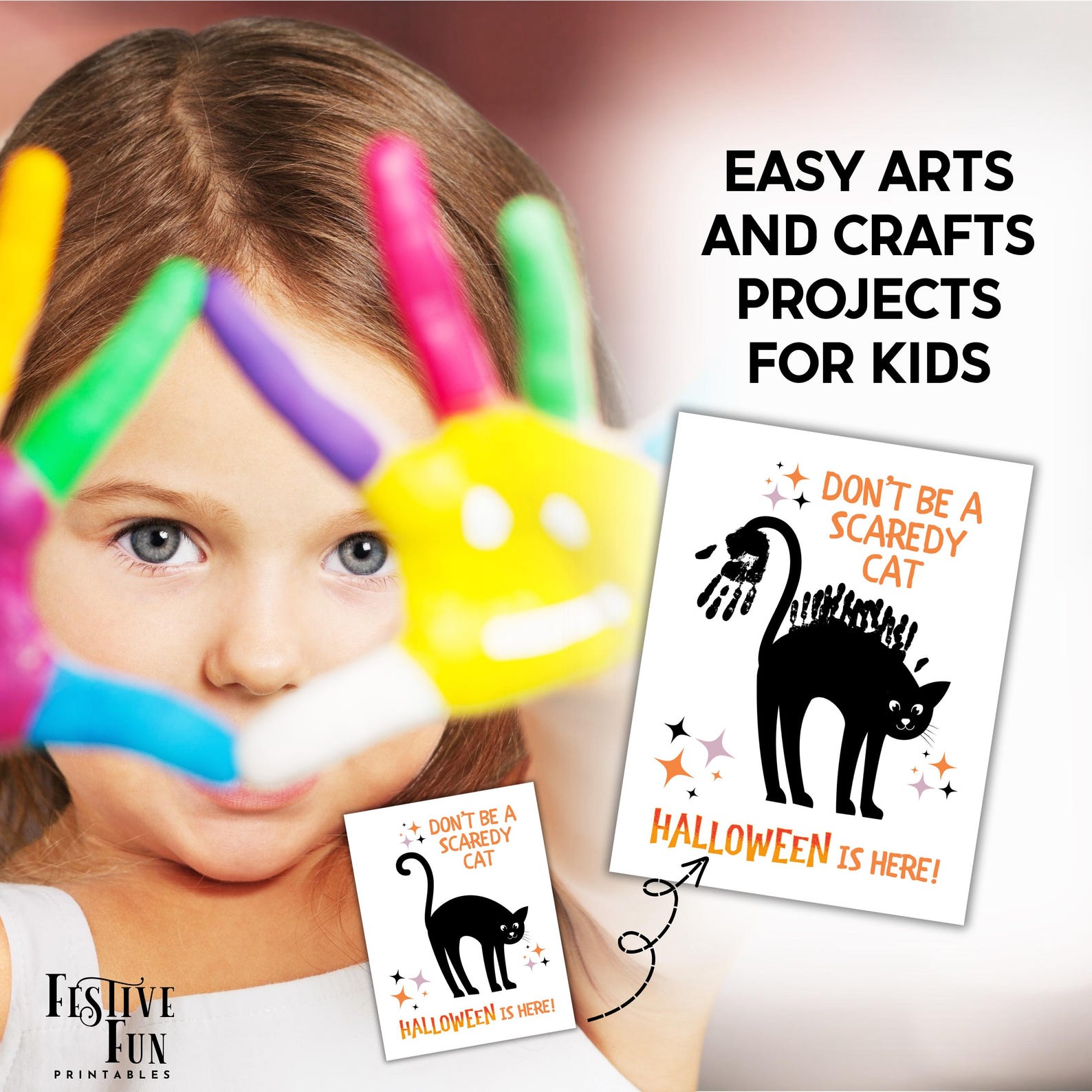 Halloween Scaredy Cat Handprint Art for Kids, Fall Printable DIY Finger ...