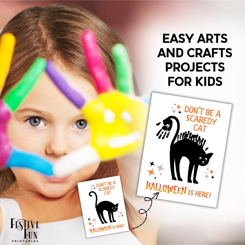 Halloween Scaredy Cat Handprint Art for Kids, Fall Printable DIY Finger ...