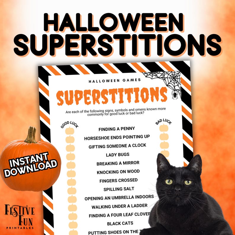 Superstitions Trivia, Halloween Are You Superstitious, Good Luck Bad Luck Quiz Printable Party ...