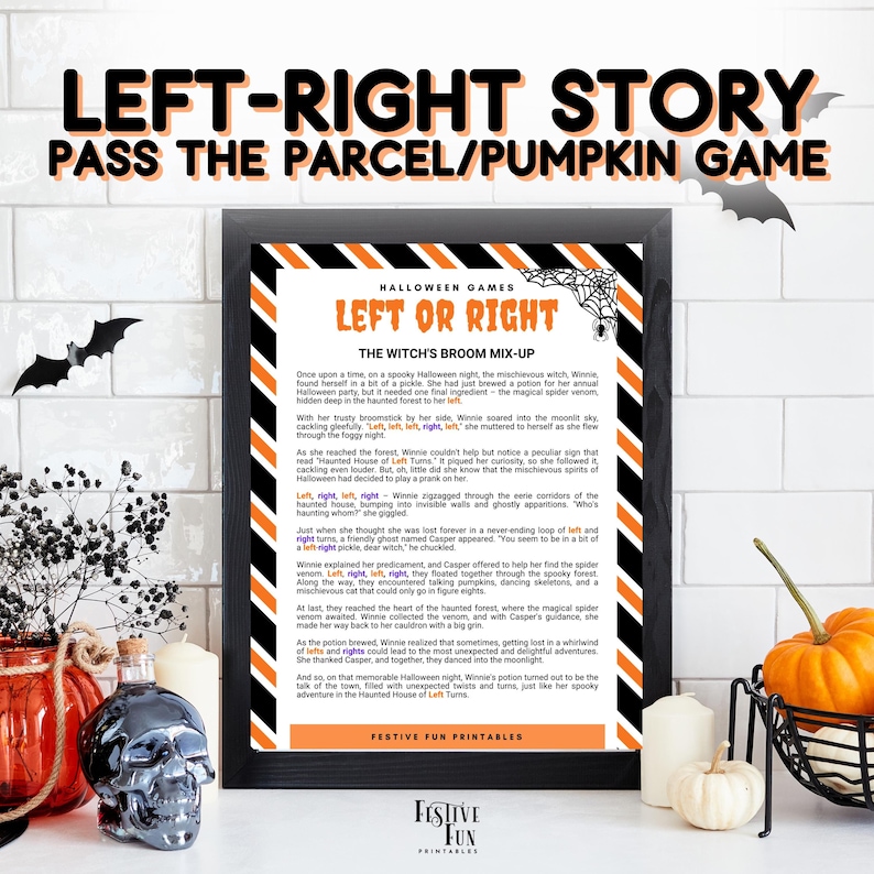 Witch's Broom Halloween Left Right Story, Printable Pass the Pumpkin or ...