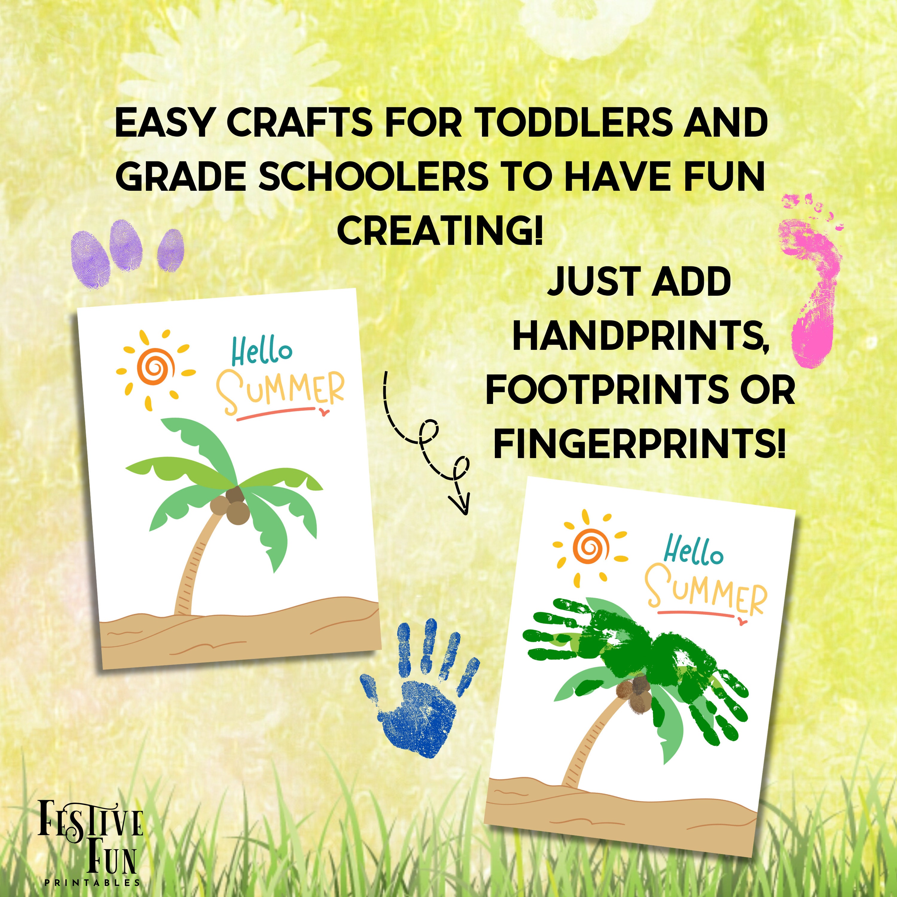 Summer Handprint Crafts for Kids, 8 Printable DIY Fingerprint Art ...