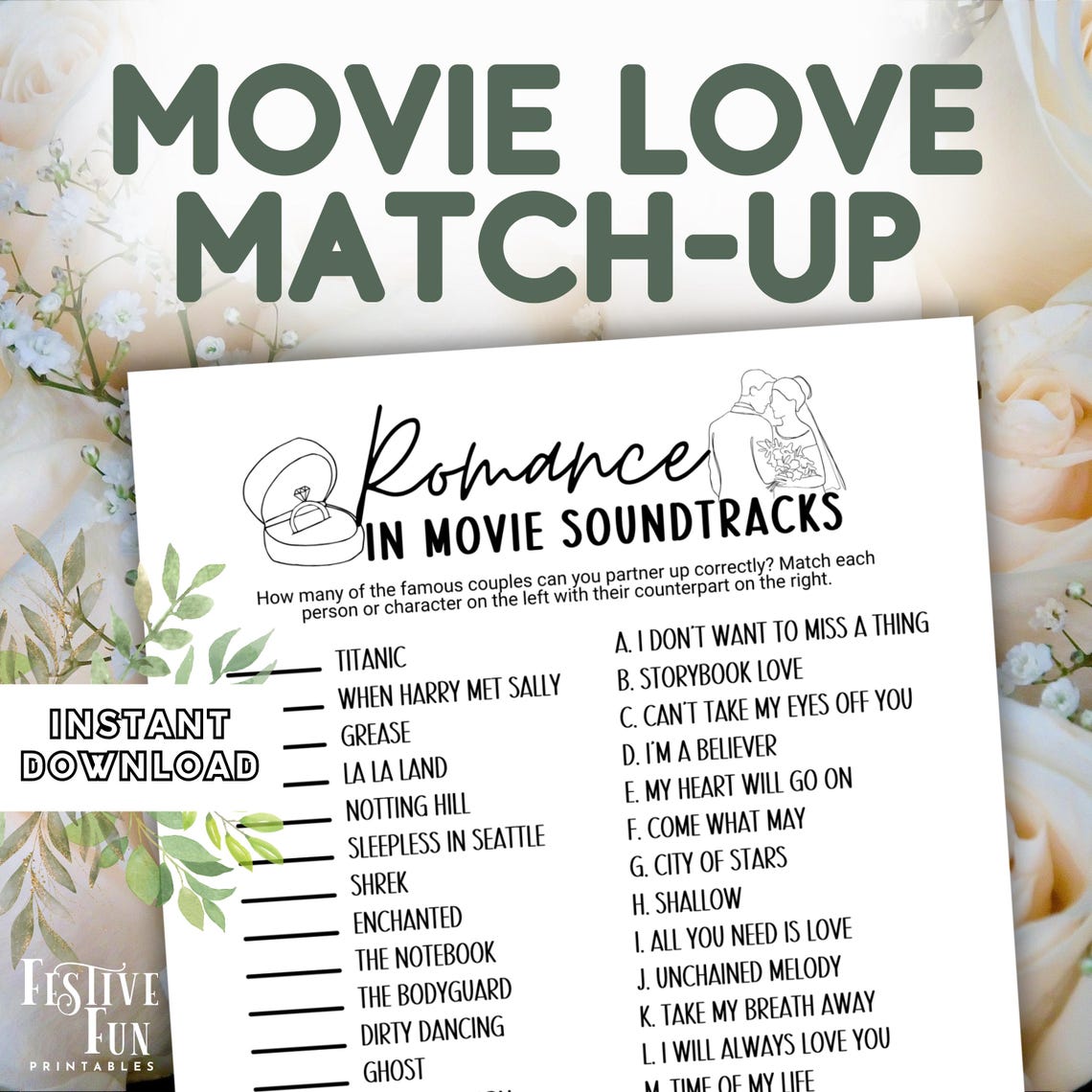 Movie Love Song Matching Game, Film Soundtrack Trivia for Couples ...