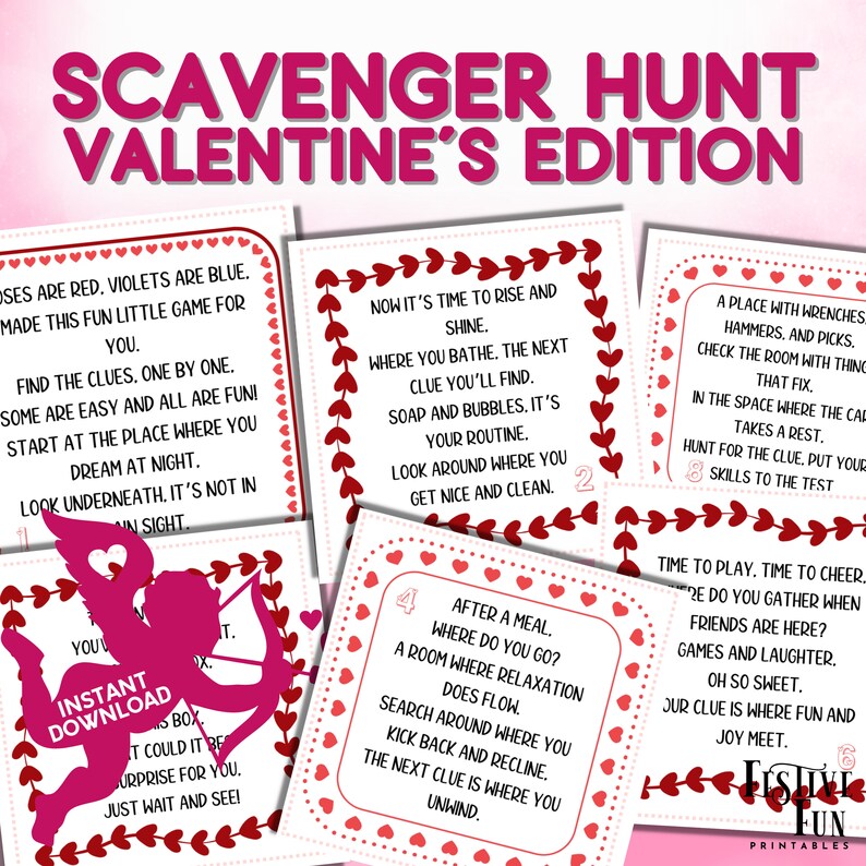 Valentine's Day Indoor Scavenger Hunt Clues, Rhyming Riddles for Kids ...