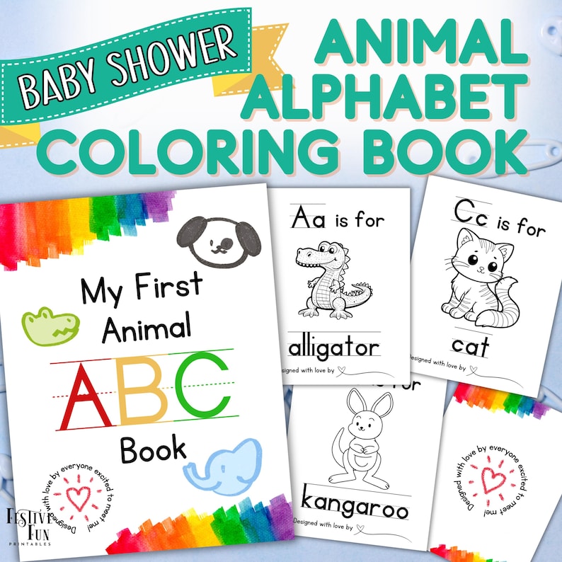 Animal ABC Coloring Book Activity for Baby Shower Guest, Color A Page ...