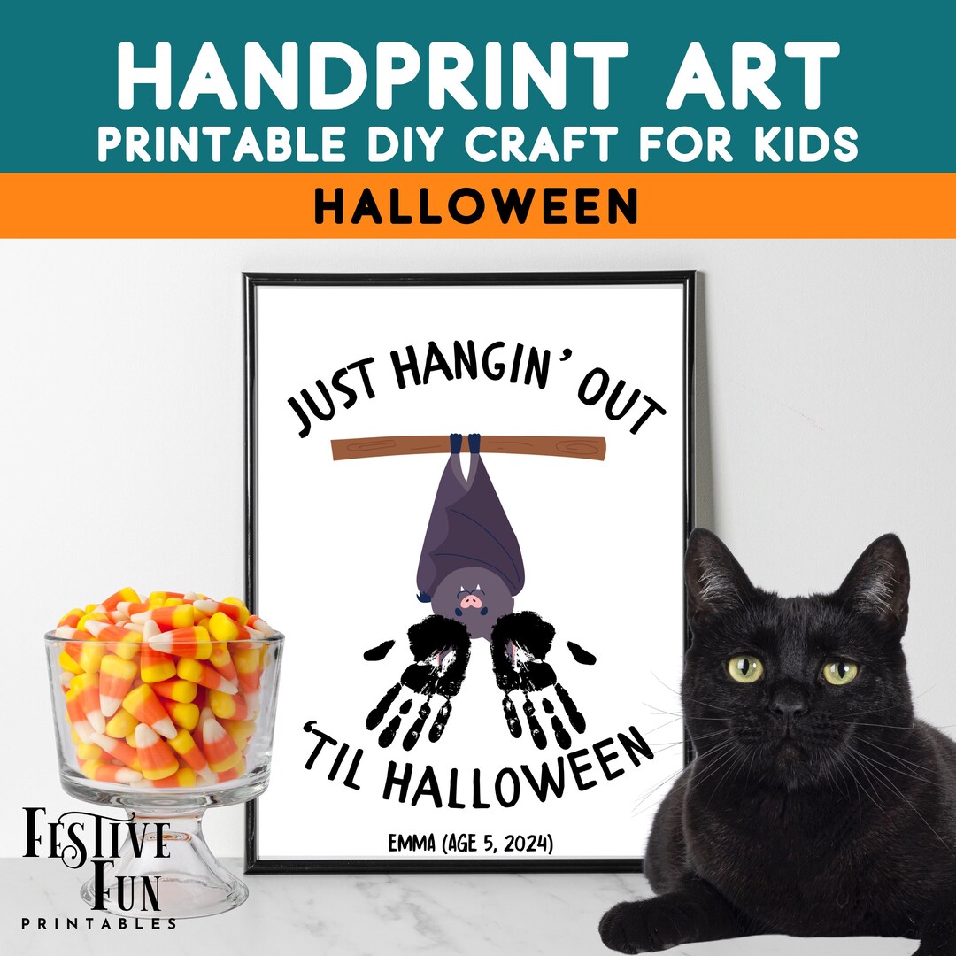 Halloween Hangin Out Bat Handprint Art for Kids, Fall Printable DIY ...