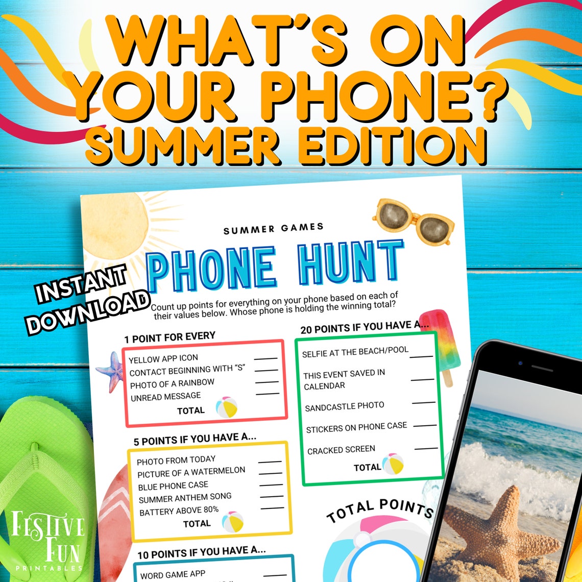Summer What's on Your Phone Scavenger Hunt Game, Fast and Easy Teen and ...