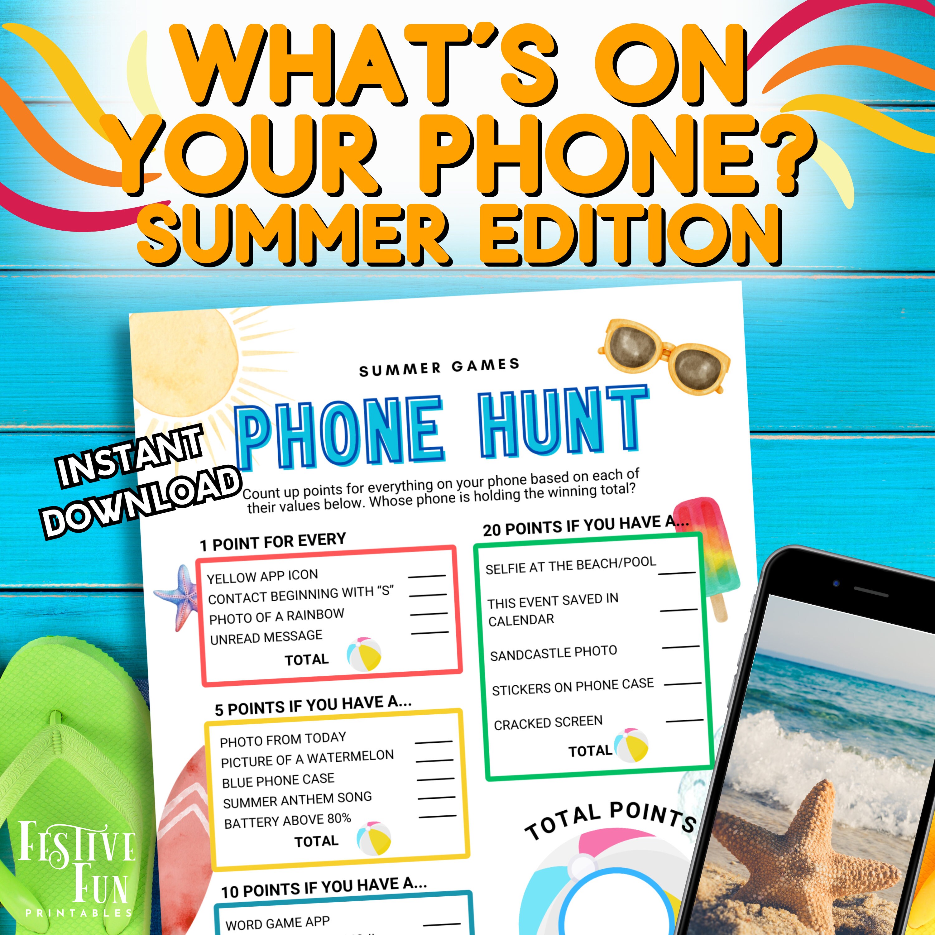Summer What's on Your Phone Scavenger Hunt Game, Fast and Easy Teen and ...