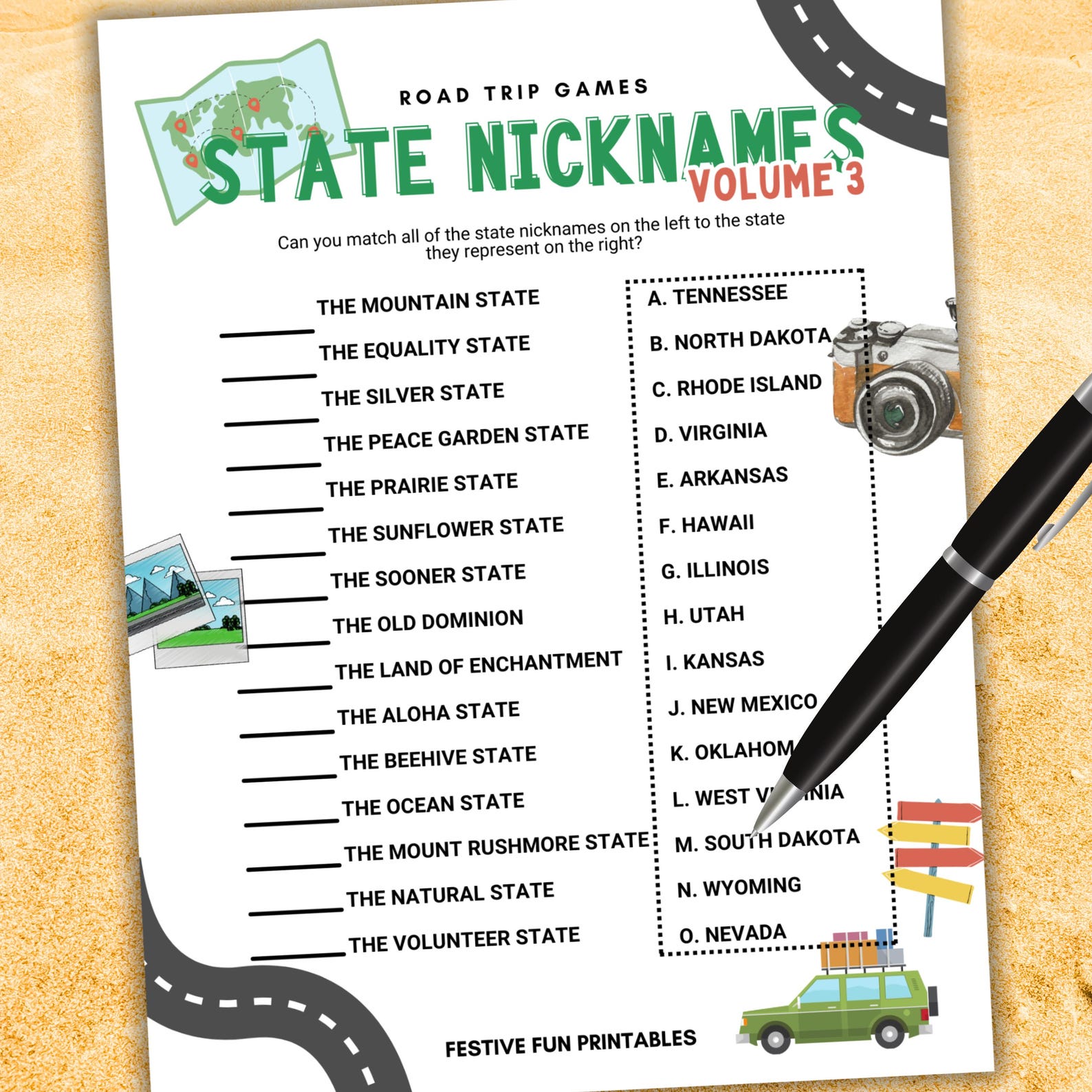 Road Trip State Nickname Match-up Game Bundle, USA Geography Travel ...