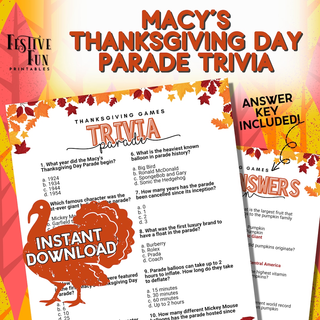 Parade Trivia Thanksgiving Quiz Printable PDF, Instant Download Game ...
