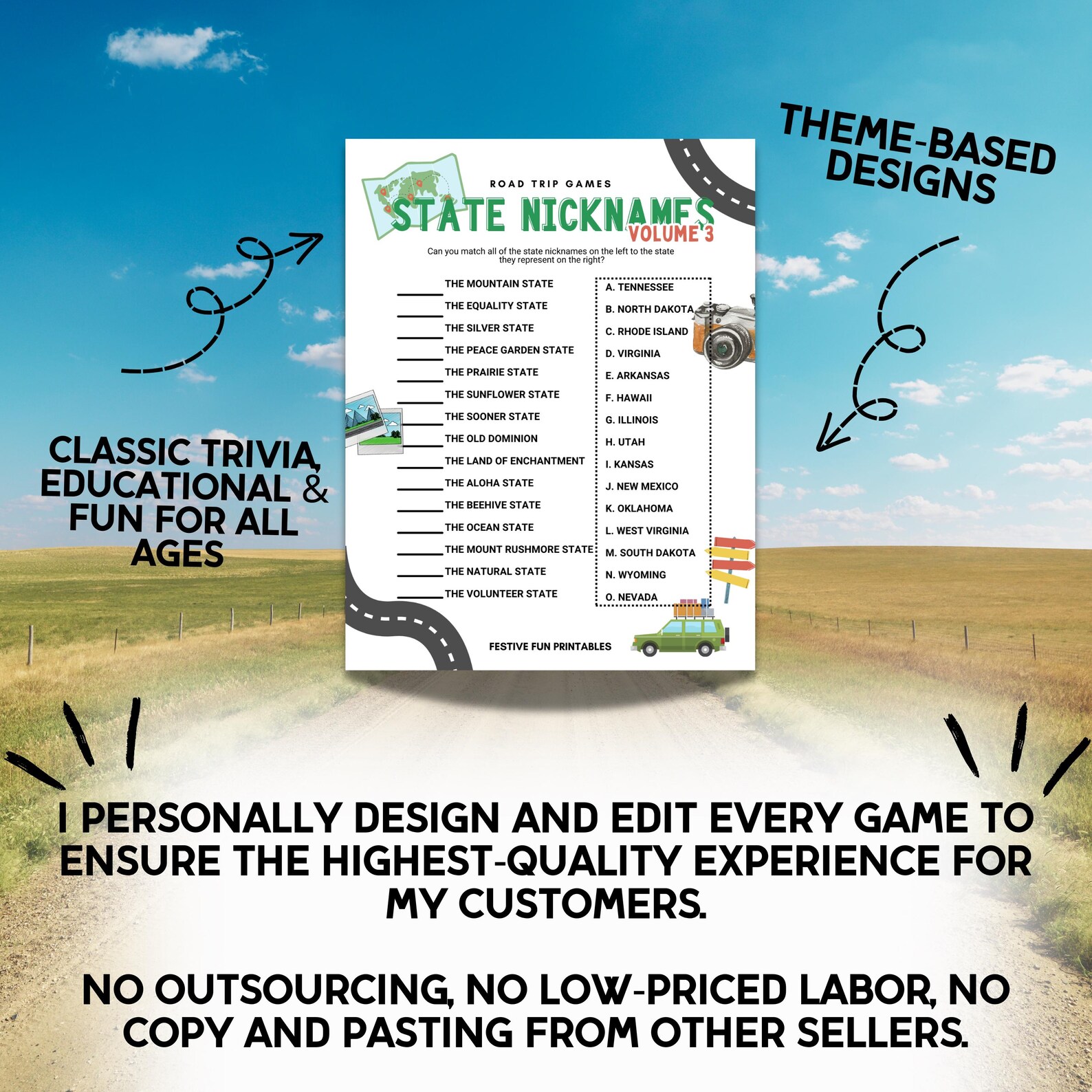 Road Trip State Nickname Match-up Game Bundle, USA Geography Travel ...