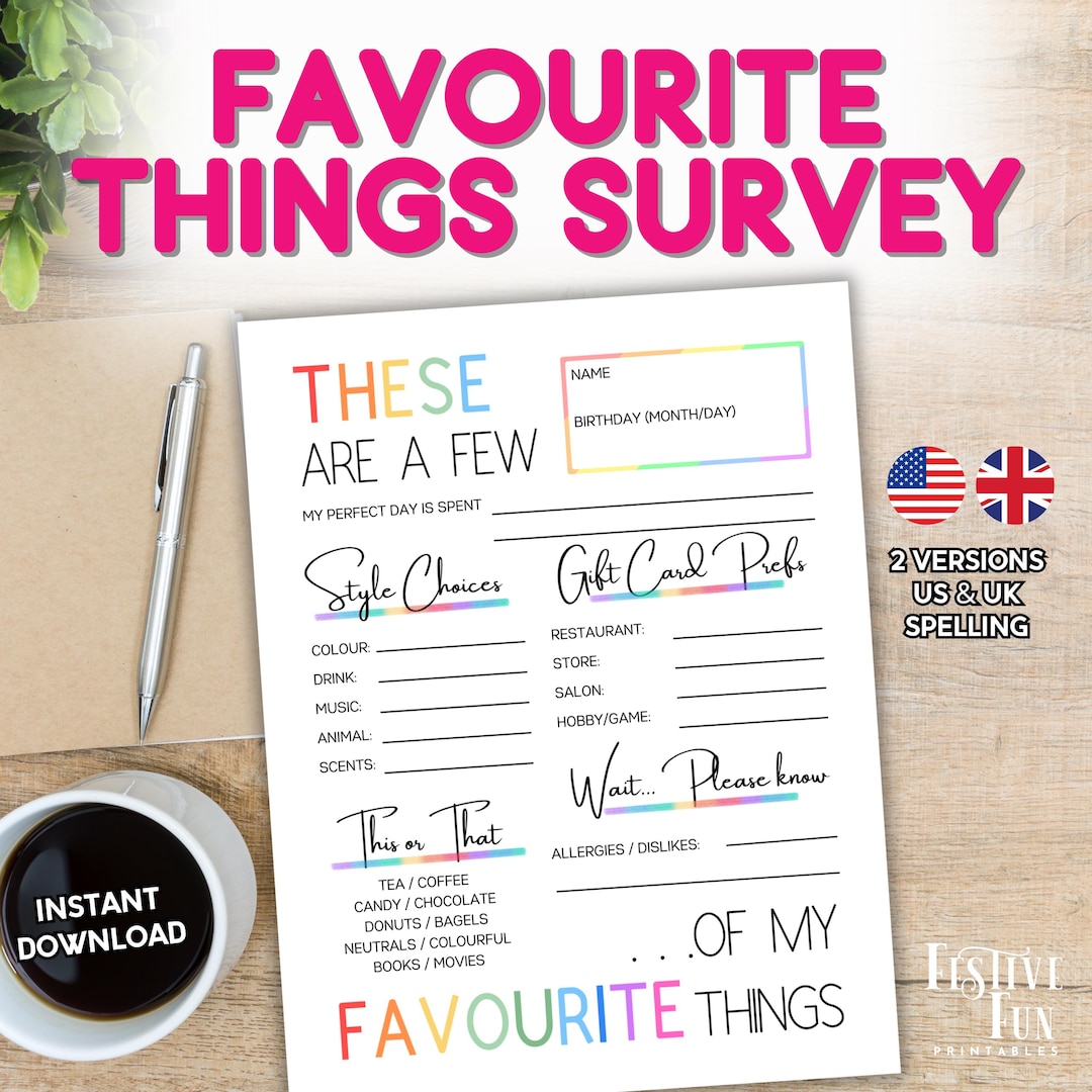 Favourite Things Questionnaire, Get to Know Me Survey for Appreciation ...