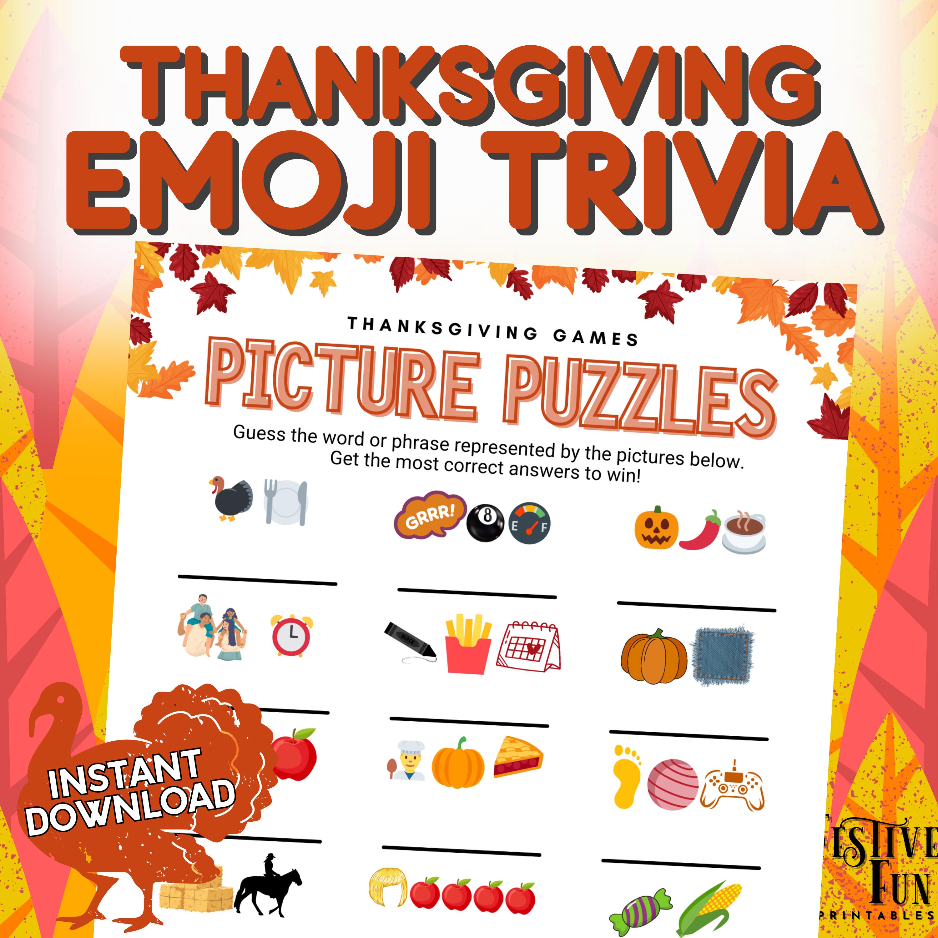 Thanksgiving Emoji Trivia Picture Puzzles, Fun Easy Friendsgiving Group ...