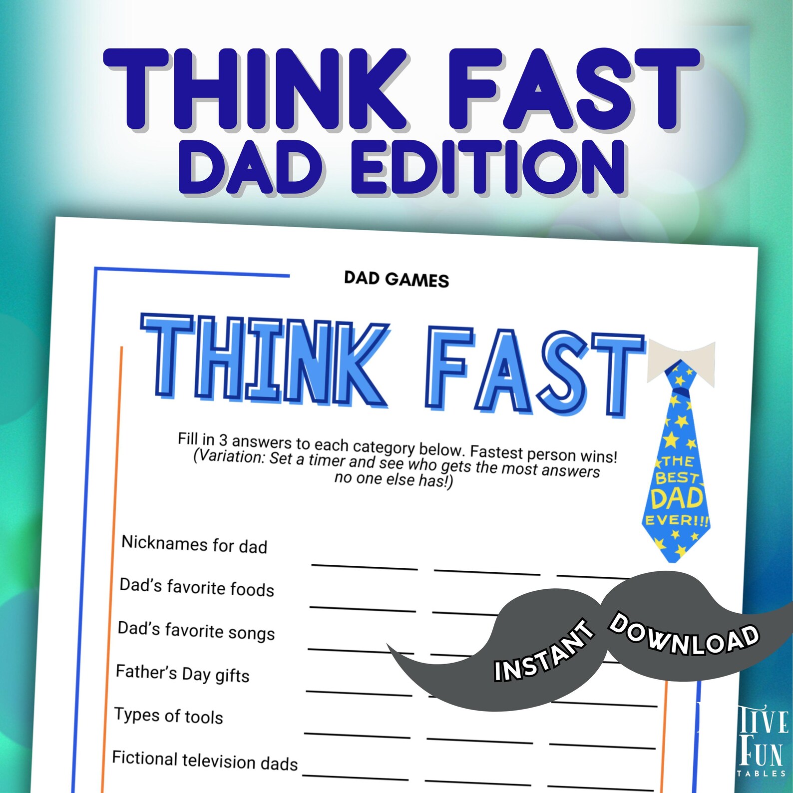 Think Fast, Dad Themed Name 3 Category Game, Printable Dad Birthday ...