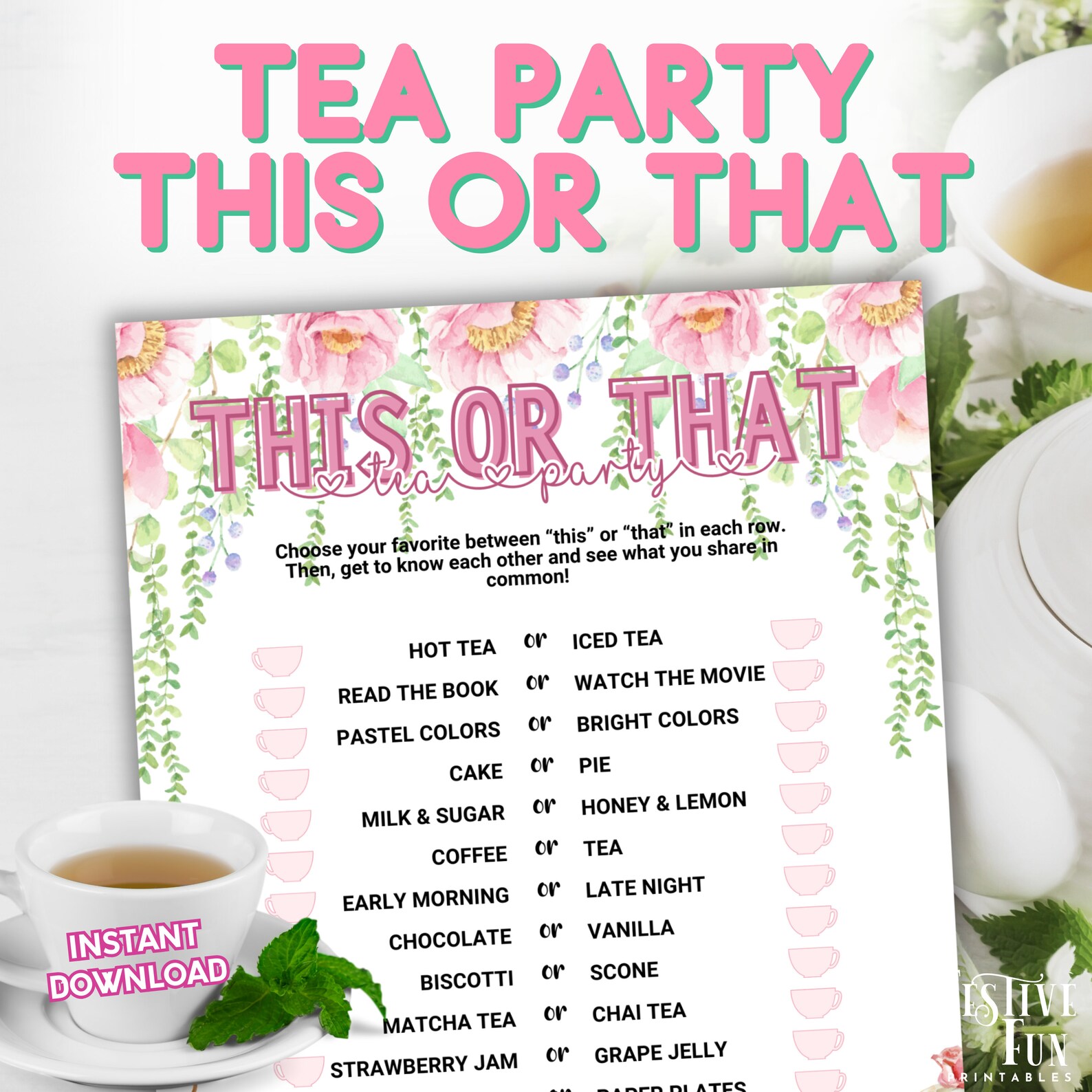 Tea Party This or That Printable Game, Feminine Floral Engagement ...