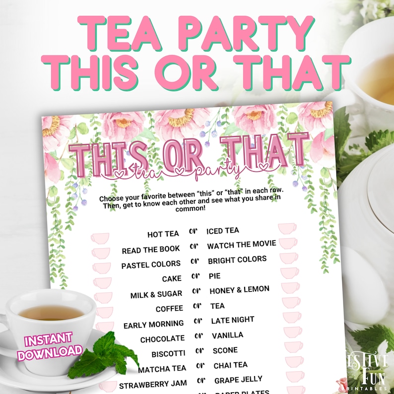 Tea Party This or That Printable Game, Feminine Floral Engagement ...