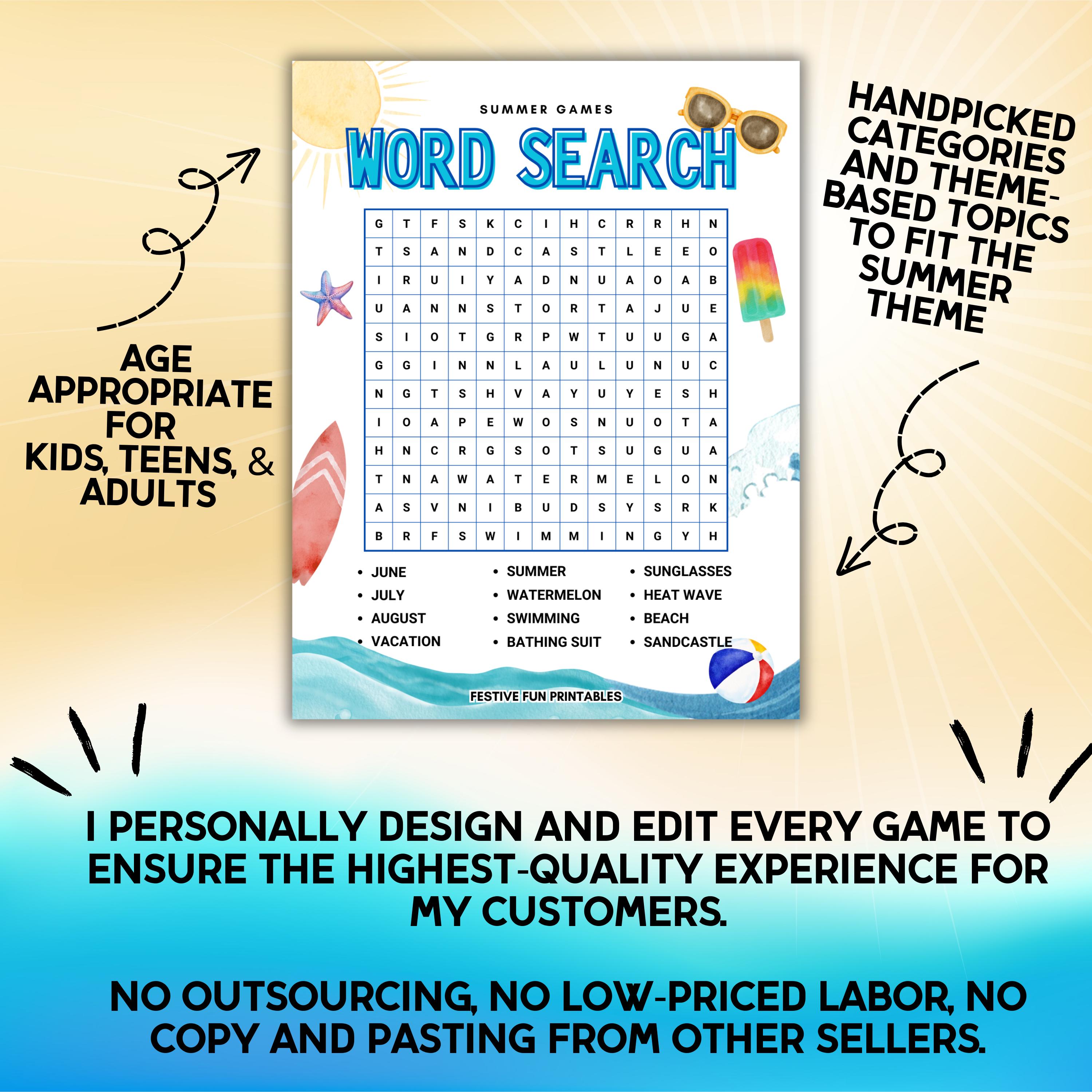 Printable Summer Word Search, Rainy Day Educational Summer Activity for ...