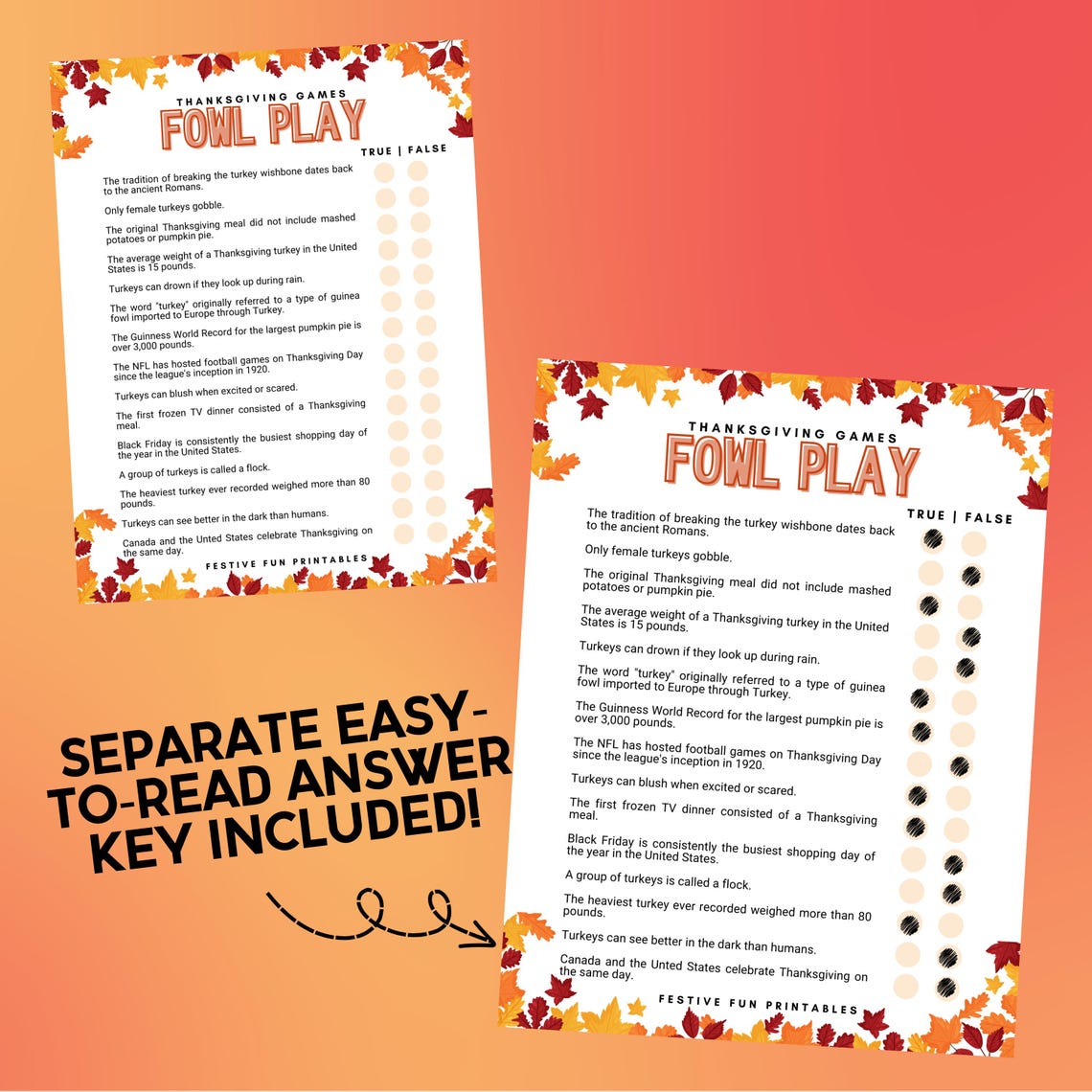 Thanksgiving Fowl Play Trivia Game, Fun Easy Friendsgiving True False ...