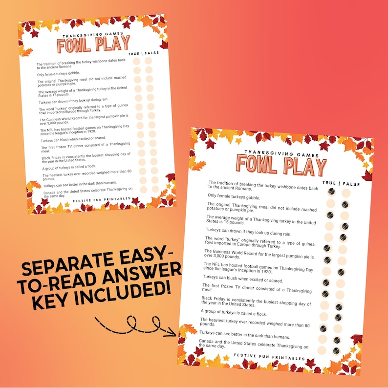Thanksgiving Fowl Play Trivia Game, Fun Easy Friendsgiving True False ...