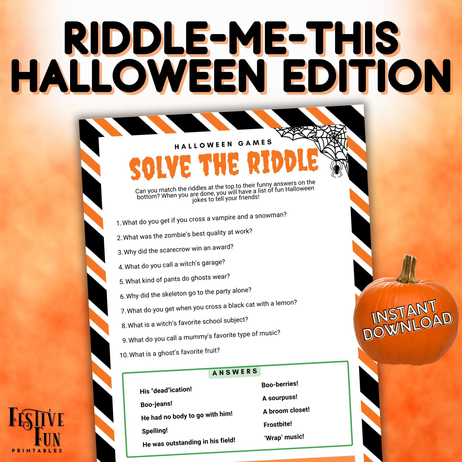 Halloween Riddles Printable Party Game for Kids, Funny Fall Dad Joke ...