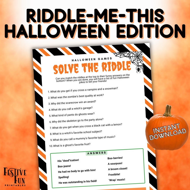 Halloween Riddles Printable Party Game for Kids, Funny Fall Dad Joke ...