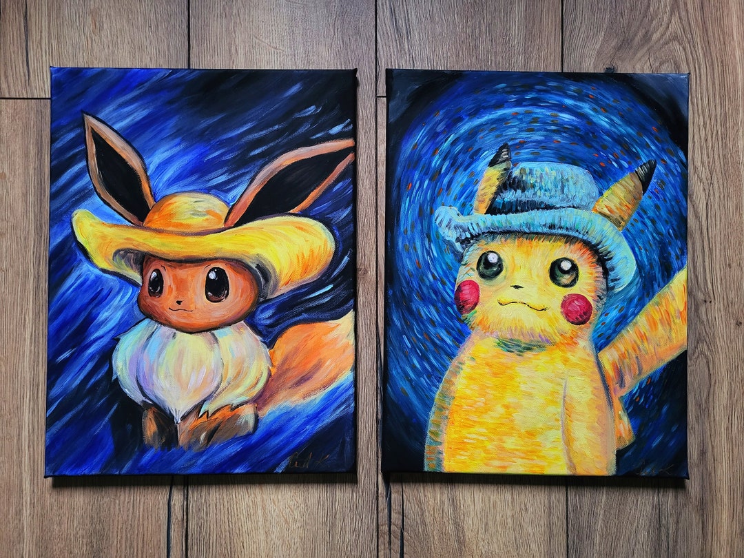 Pokemon Art Painting Pikachu Eevee Pokemon in Van Gogh Style Wall ...