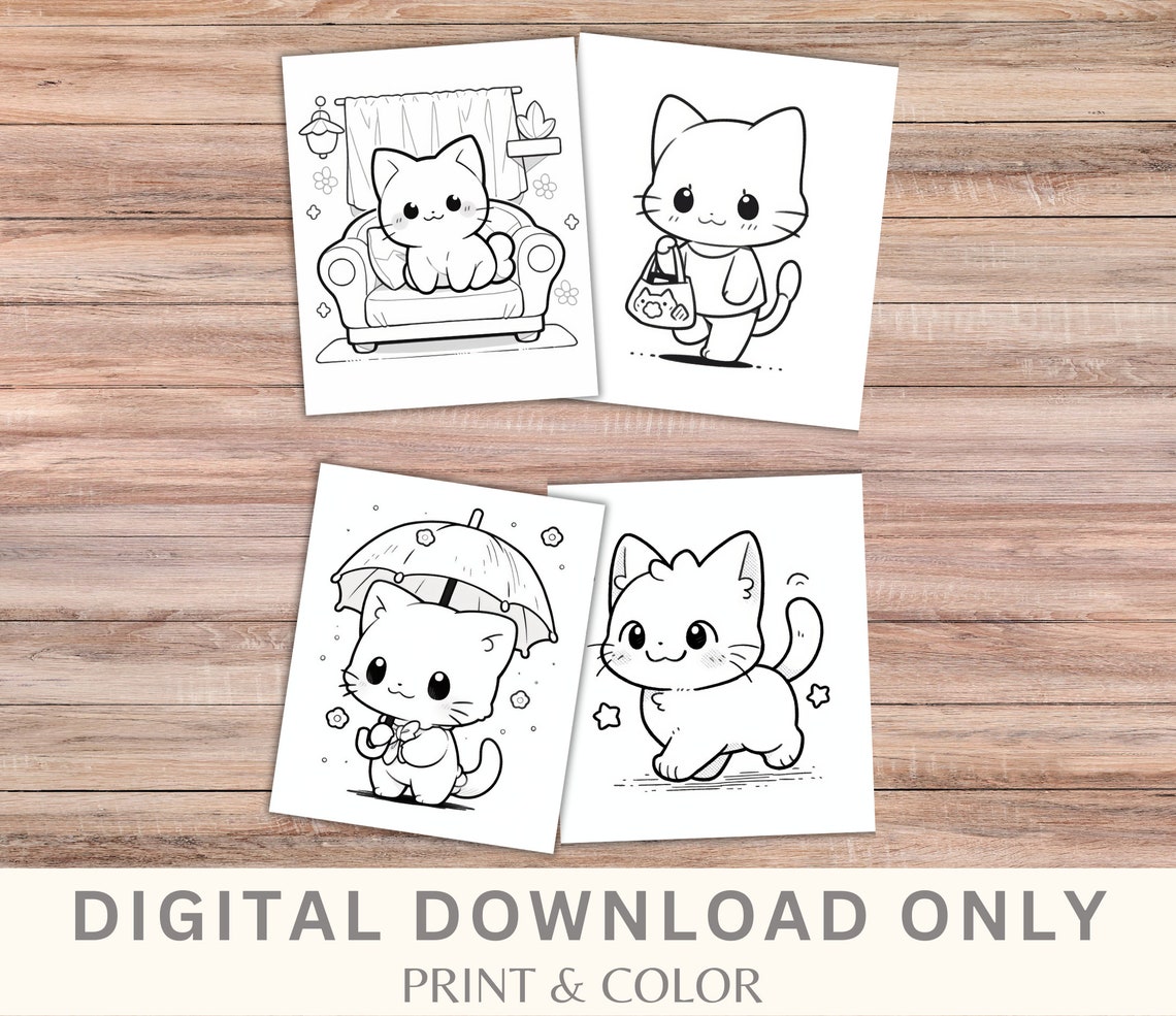 Cat Coloring Page, Kawaii Kitten Coloring Page, Kids Coloring Pages ...