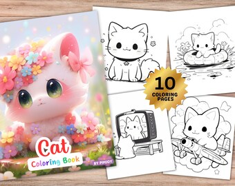 Cat Coloring Page Kawaii Kitten Coloring Page Kids Coloring - Etsy