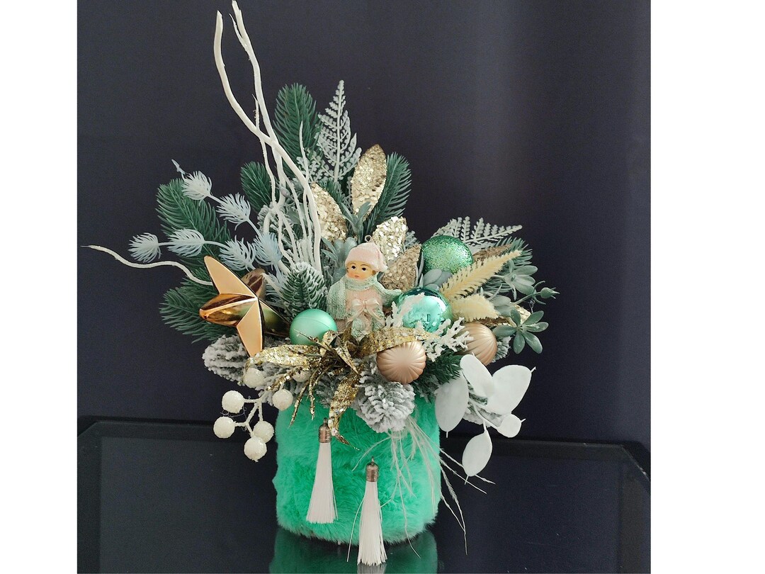 Christmas Table Arrangement in Faux Fur Pot – Pine Branches, Ornaments ...