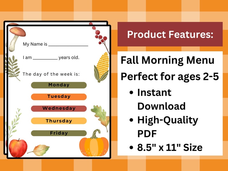 Fall Morning Menu Toddler / Preschool Age Homeschool 2 Page Set - Etsy
