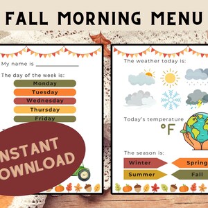 Fall Morning Menu Preschool Age Homeschool 2 Page Set - Etsy