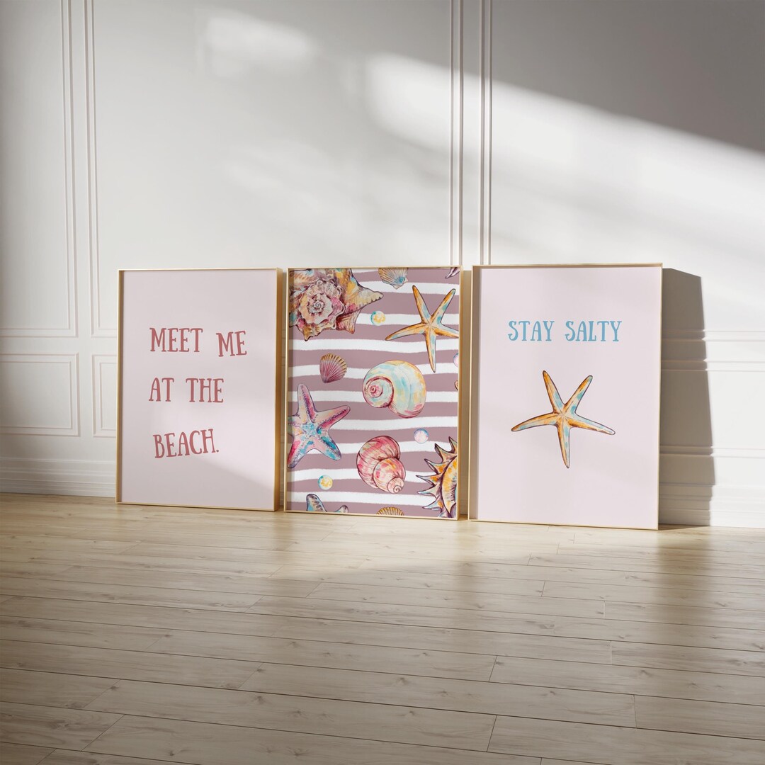 Coastal Decor Poster Gallery Set of 3 Pink Coastal Girl Wall Art Surf ...
