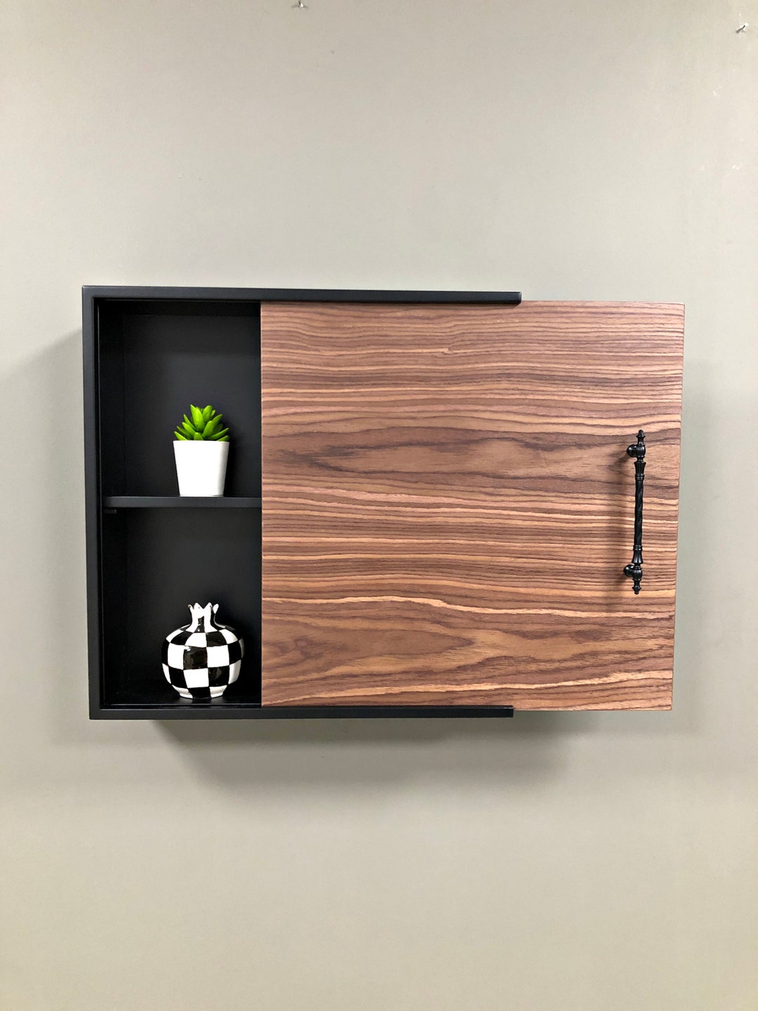 Wooden Wall Shelf With Sliding Walnut Cover / Medicine Cabinet ...