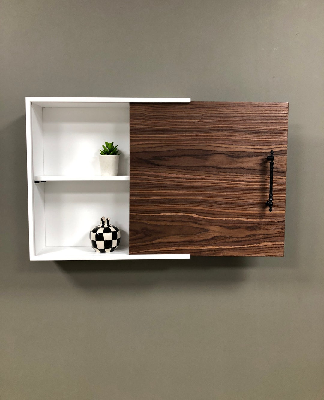 Wooden Wall Shelf With Sliding Walnut Cover / Medicine Cabinet ...