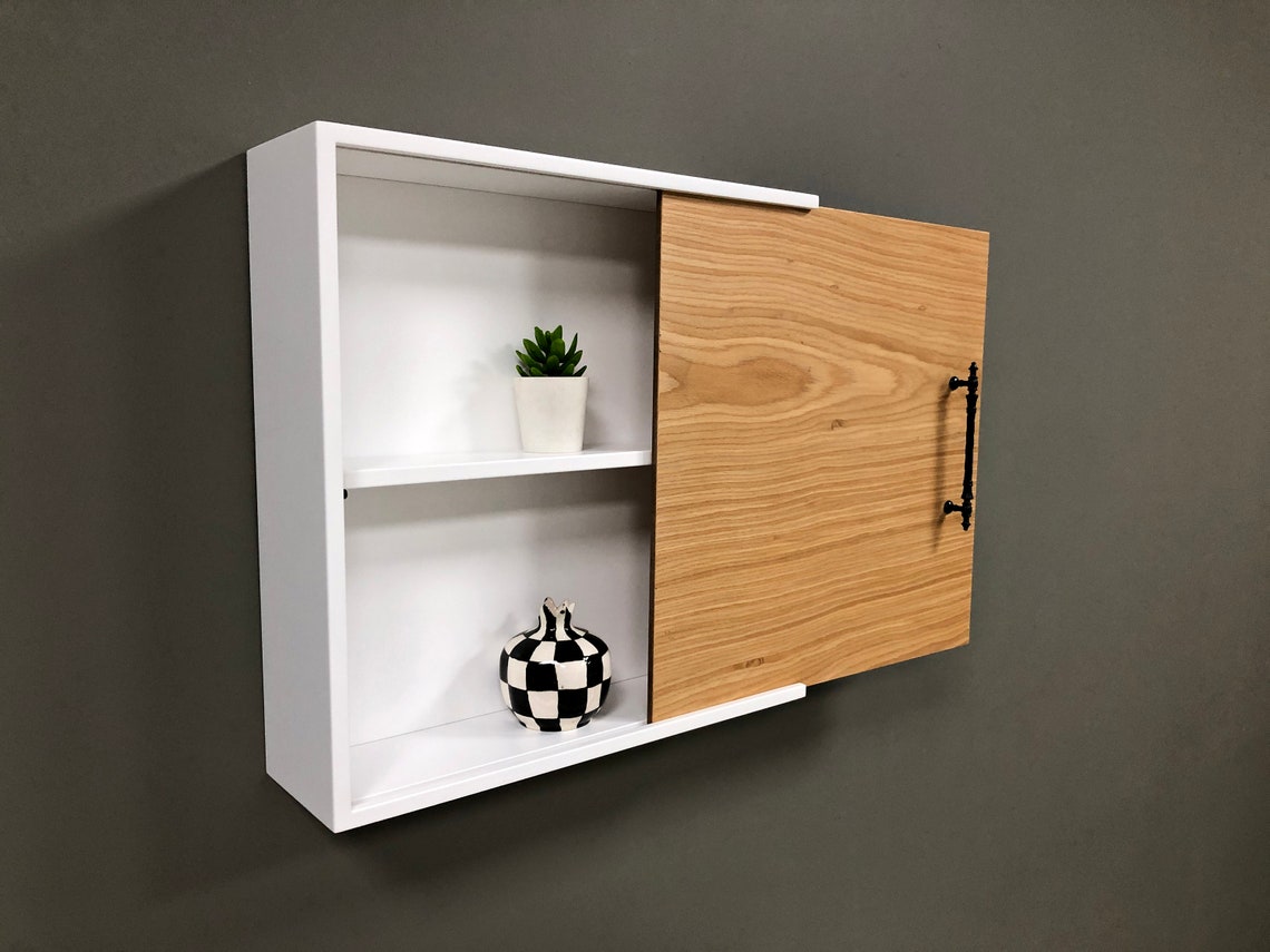 Wooden Wall Shelf With Sliding Oak Cover / Medicine Cabinet / - Etsy