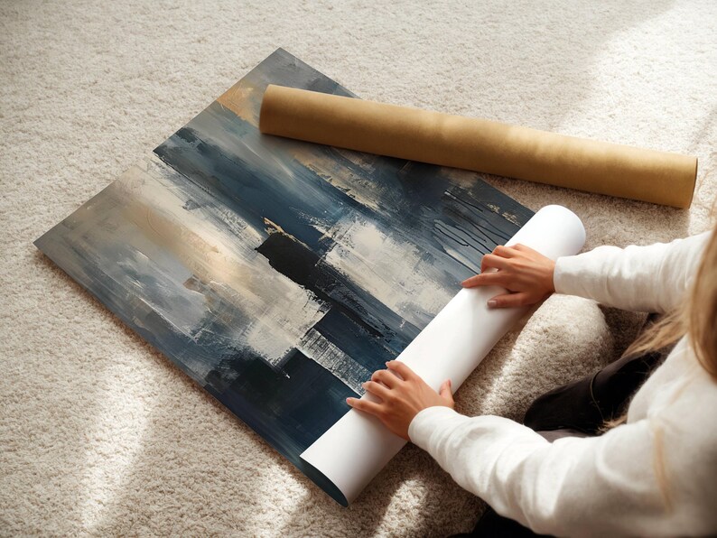 Moody Blue Abstract Wall Art Print, Dark Modern Painting Poster or ...