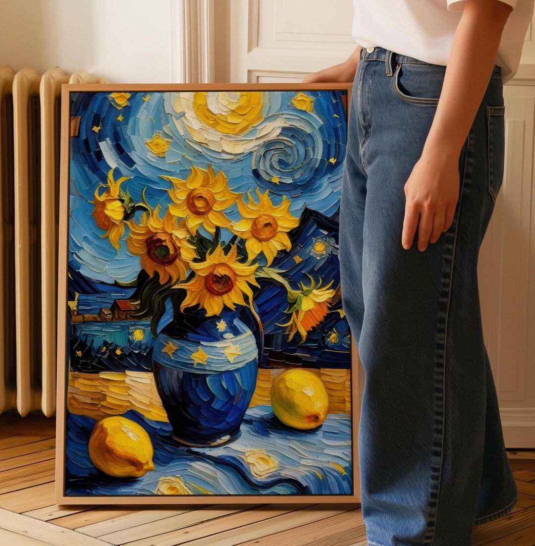 Van Gogh Sunflowers Starry Night Style Canvas Print, Swirly Blue Yellow ...