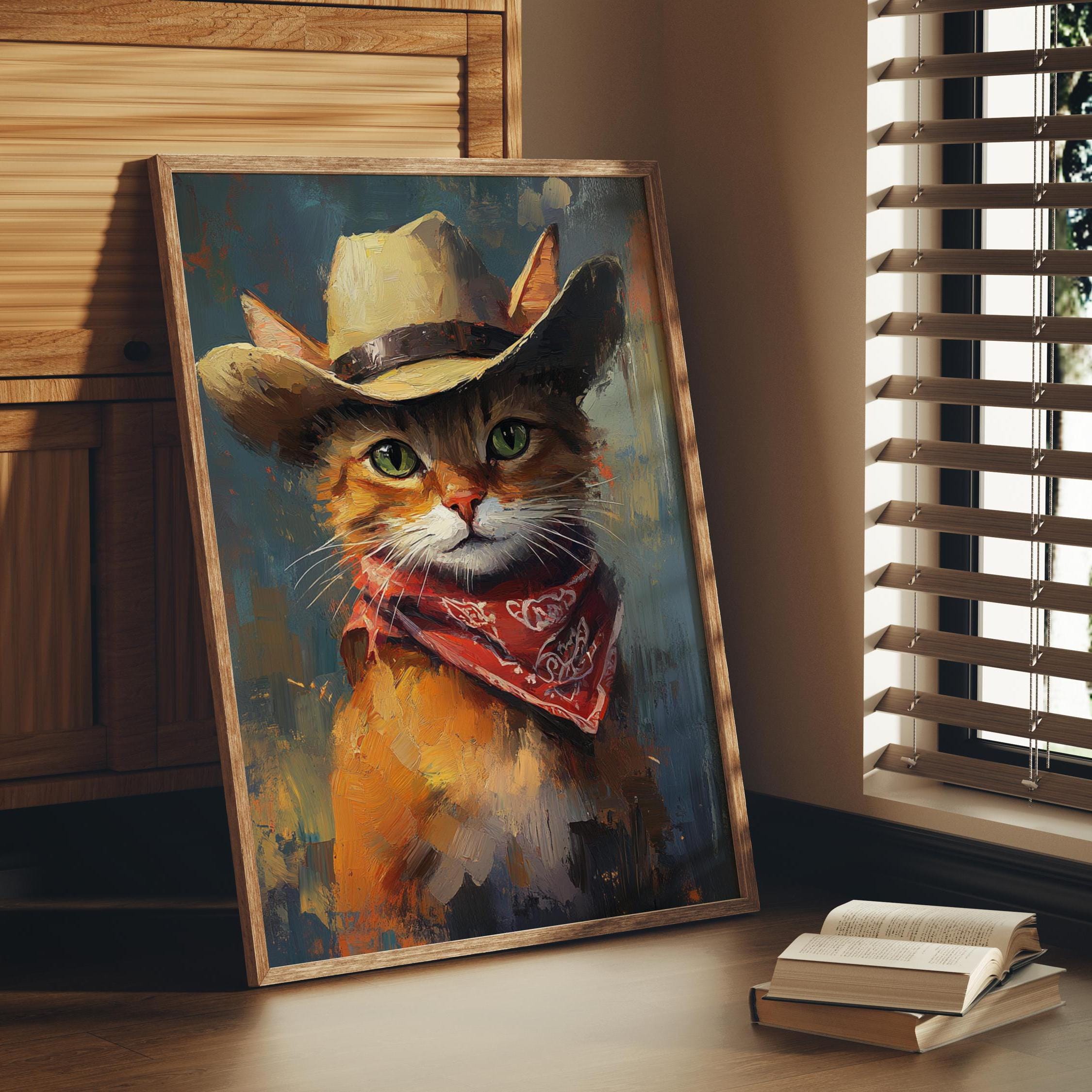 Cowboy Cat Art Print, Western Style Oil Painting, Rustic Animal Wall ...