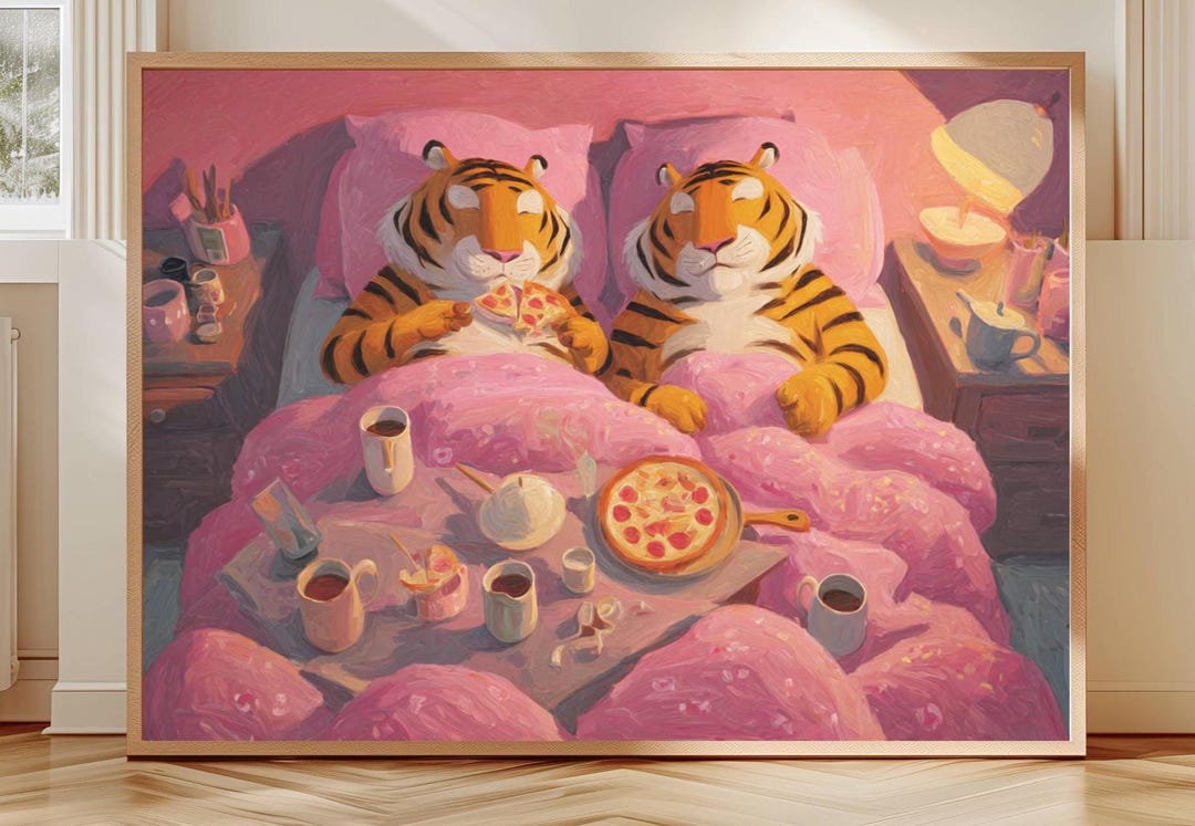 Two Tigers Eating Pizza in Bed Whimsical Cozy Oil Painting Wall Art ...