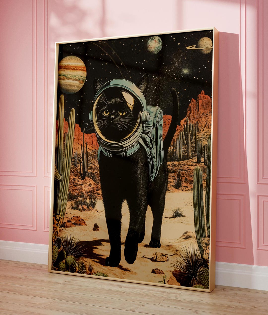 Space Cat Art Print, Astronaut Cat Wall Art, Cosmic Desert Decor, Surreal Galaxy Cat Poster, Sci ...
