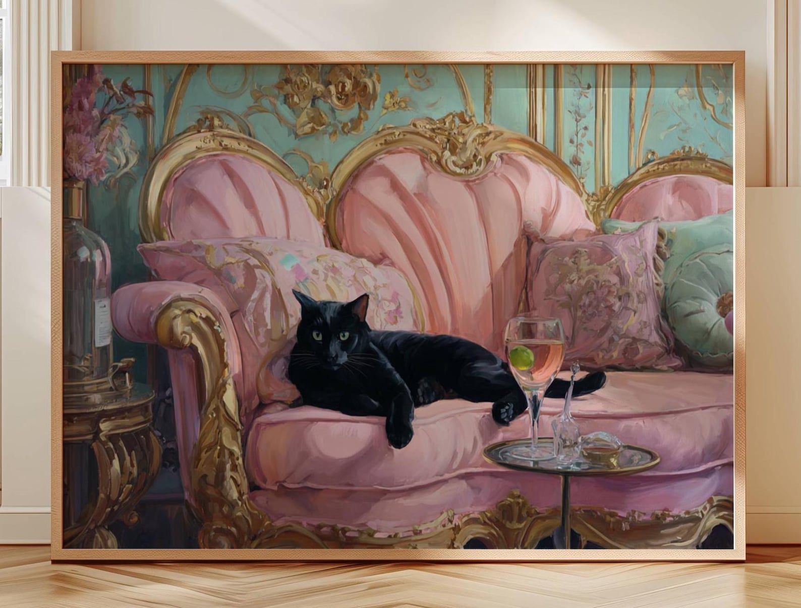 Black Cat Wall Art Pink Vintage Oil Painting Rococo Decor Elegant ...