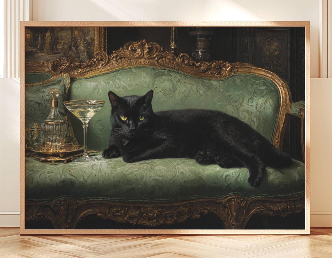 Black Cat Baroque Art Print, Emerald Green Settee Painting, Vintage ...