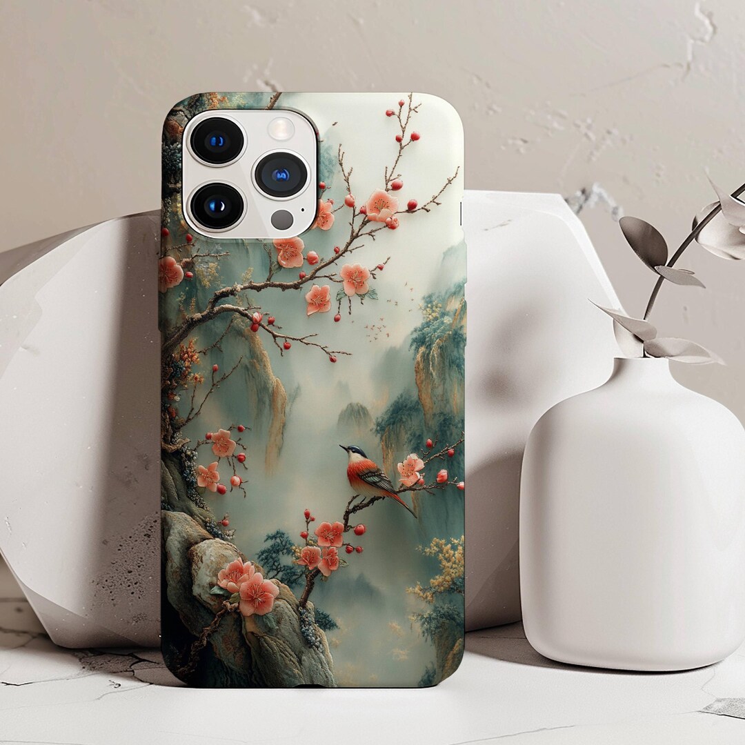 Cherry Blossom Bird Phone Case, Asian Art Floral Cover, Nature-inspired ...
