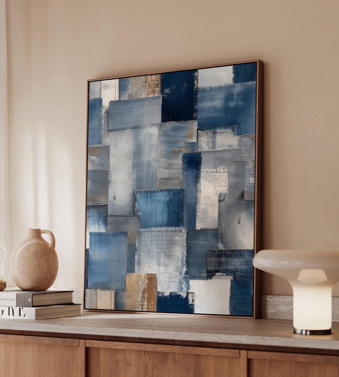 Denim Patchwork Wall Art Blue Textile Abstract Canvas Rustic Modern ...