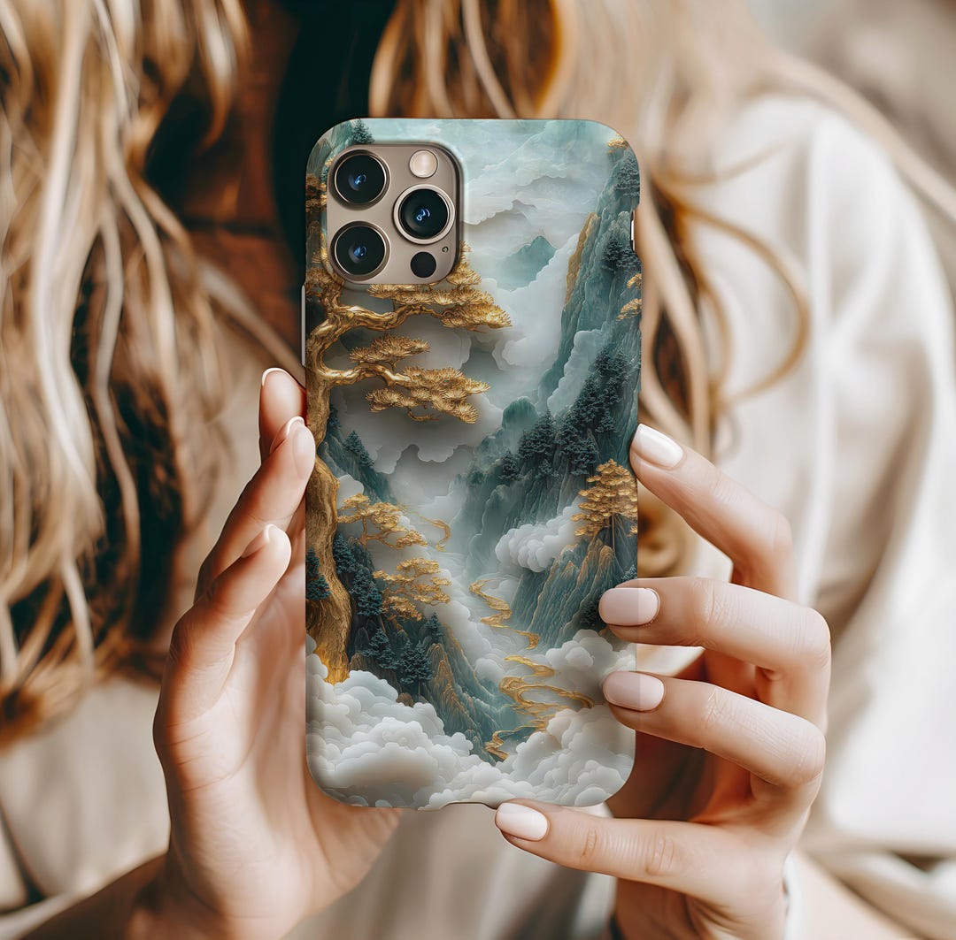 3D Luxury Gold Inlay Jade Phone Case – Elegant Chinese Landscape Art ...