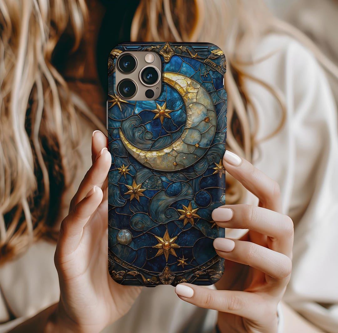 Celestial Phone Case - Stained Glass Moon and Star Art - Cosmic Night ...