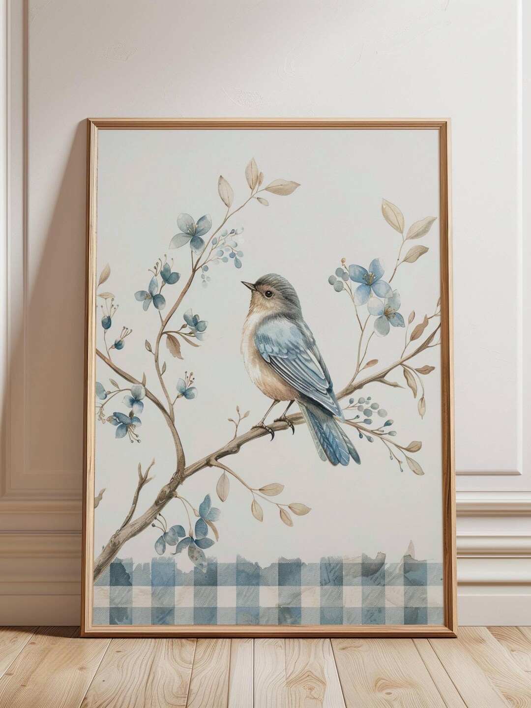 Blue Bird Watercolor Wall Art Print, Vintage Gingham Bird Illustration ...