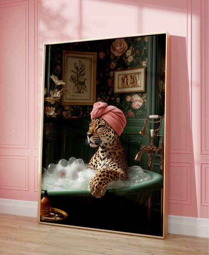 Leopard in Bubble Bath Art Print - Elegant Safari Animal Wall Decor ...